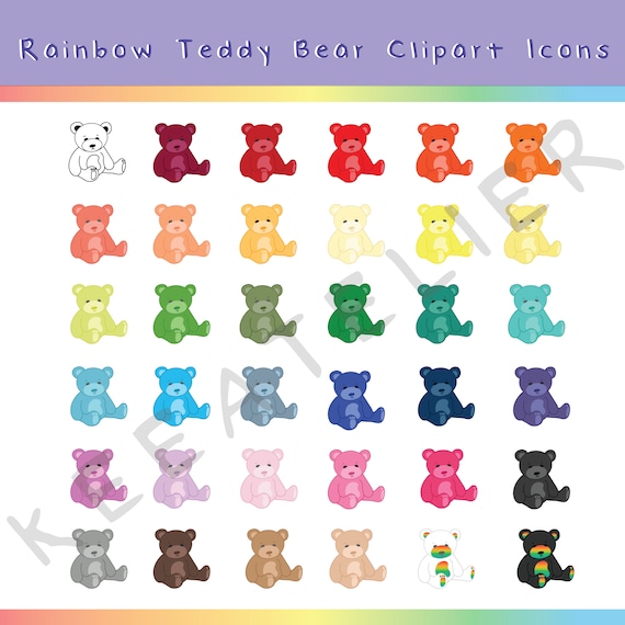 Teddybär Clipart Icons 36 bunte Regenbogenbären Bildung | Etsy