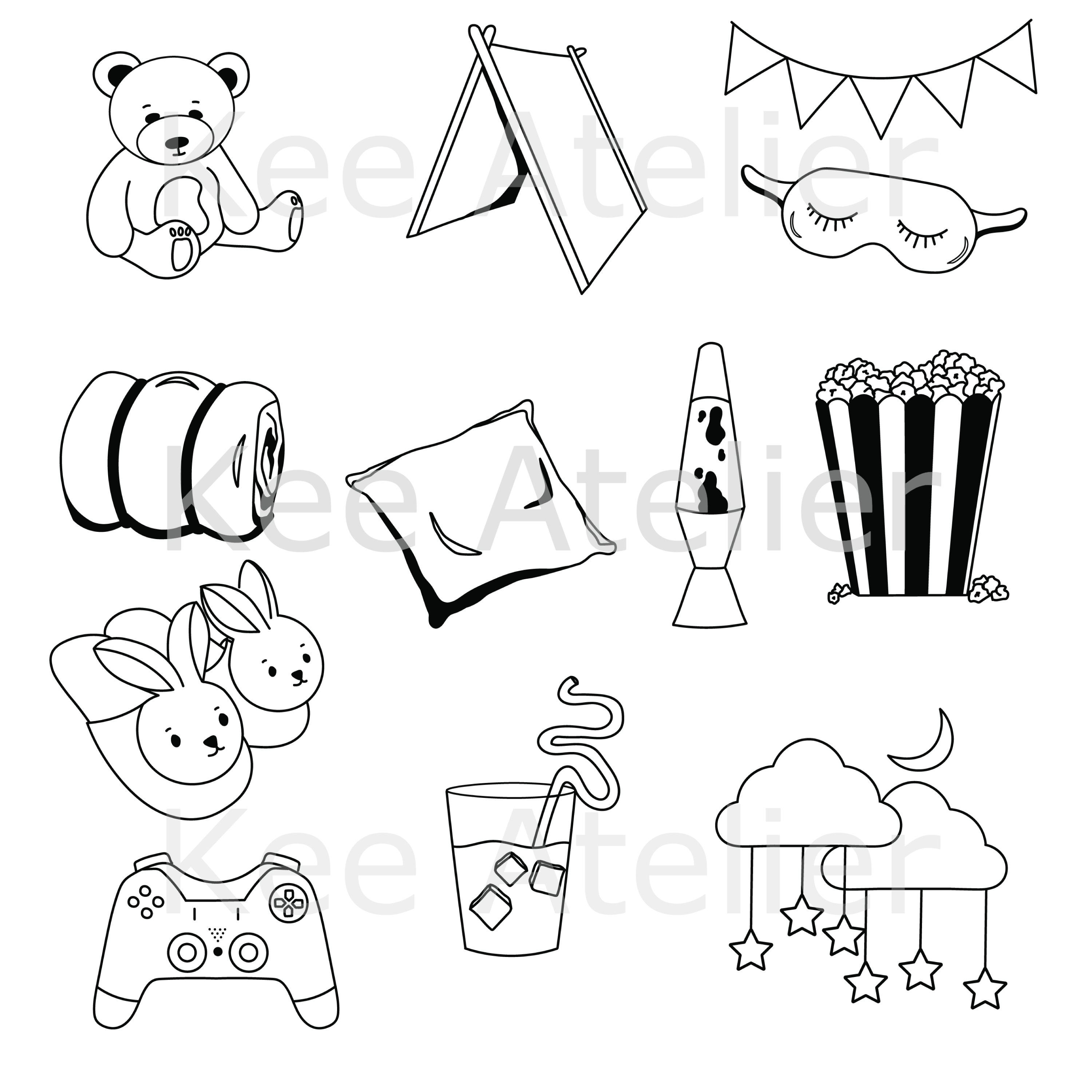 Sleepover Clipart Set: 48 PNG Icons, Transparent Backgrounds (digital ...