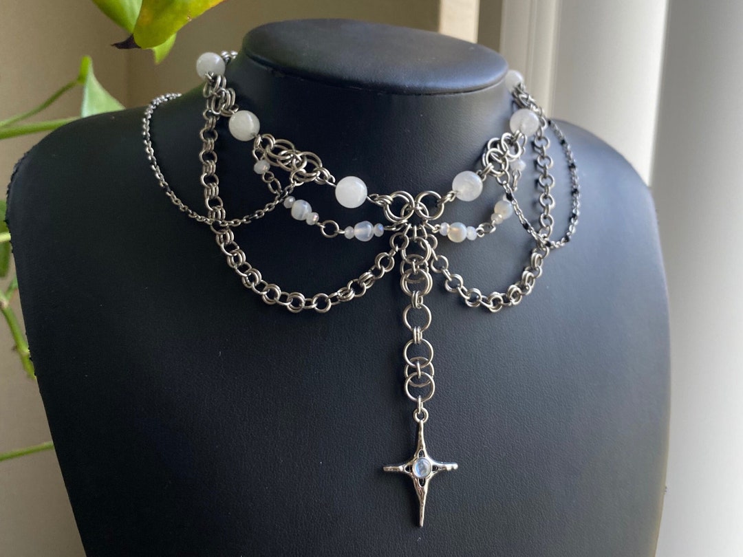 Sterling Silver Chain Mail Choker Necklace Crystal Quarts and Agate ...