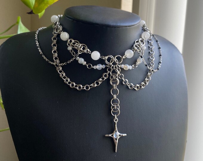 Sterling Silver Chain Mail Choker Necklace Crystal Quarts and Agate ...