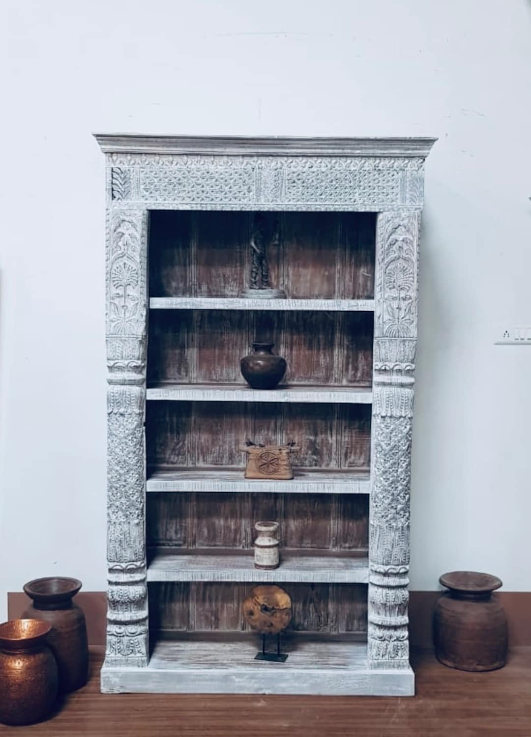 Vintage Rustic Indian Display Cabinet, Hand Carved Solid Wood ...