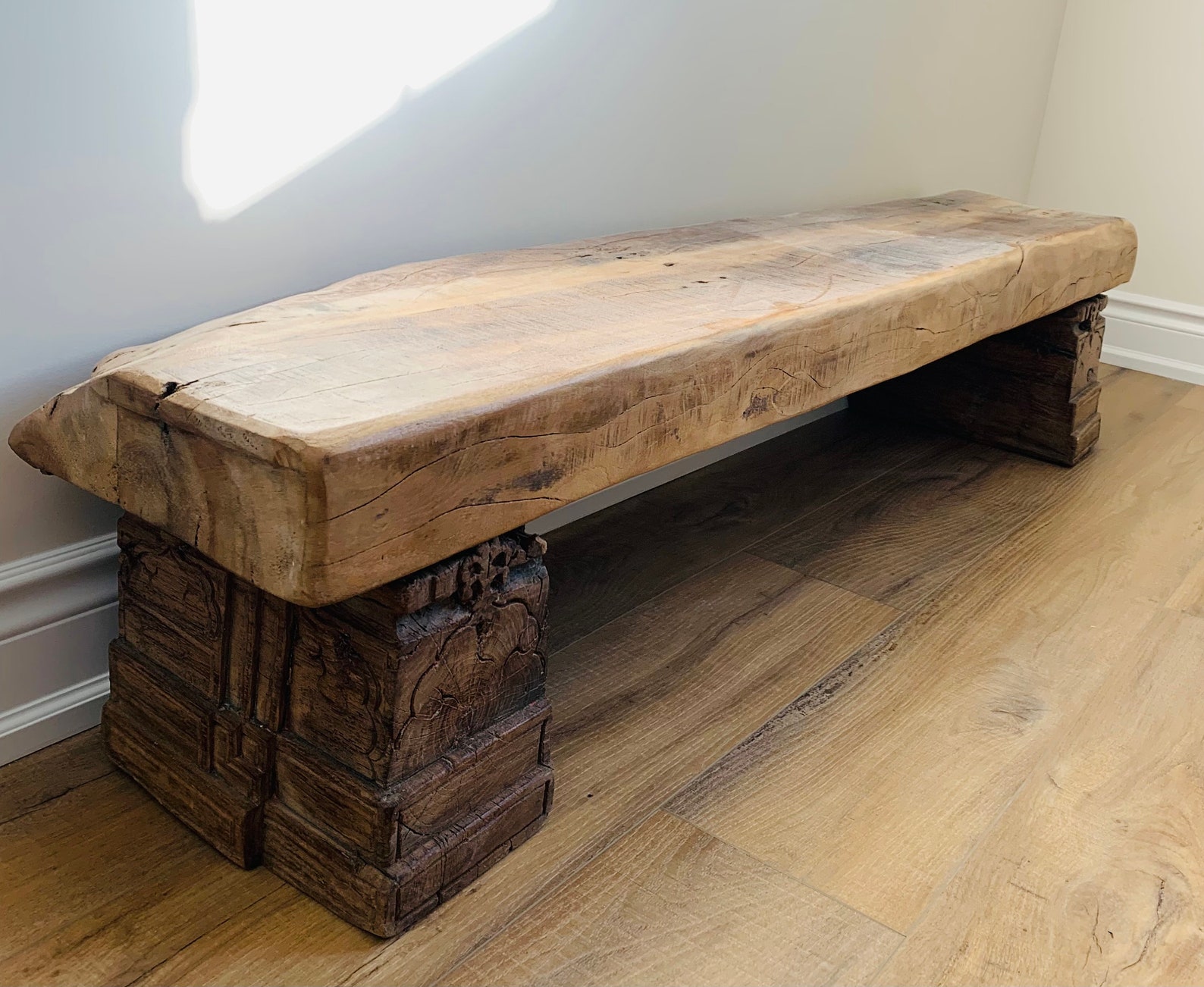 Vintage Rustic Indian Primitive Solid Wood Teak Bench Meditation Altar ...