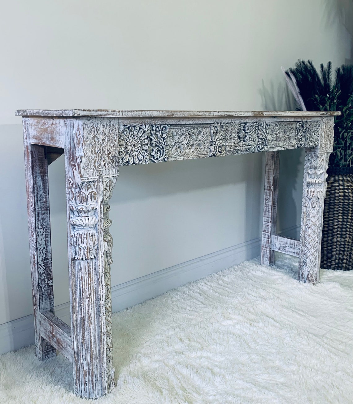 Vintage Rustic Indian Console Hand Carved Solid Wood Tribal Entry Table ...