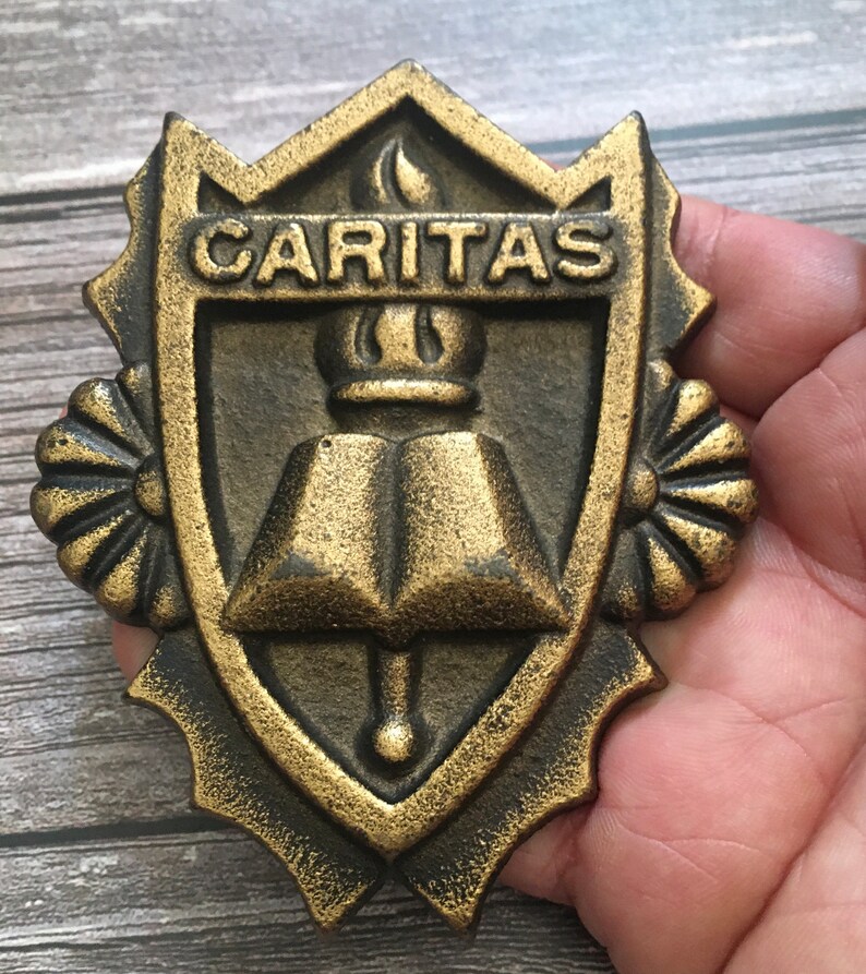 Vintage Brass Paperweight Shield Caritas - Etsy