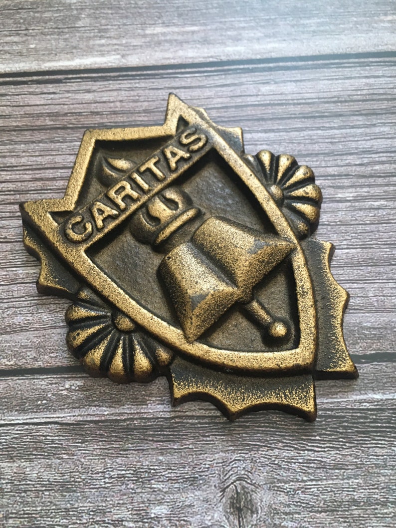 Vintage Brass Paperweight Shield Caritas - Etsy