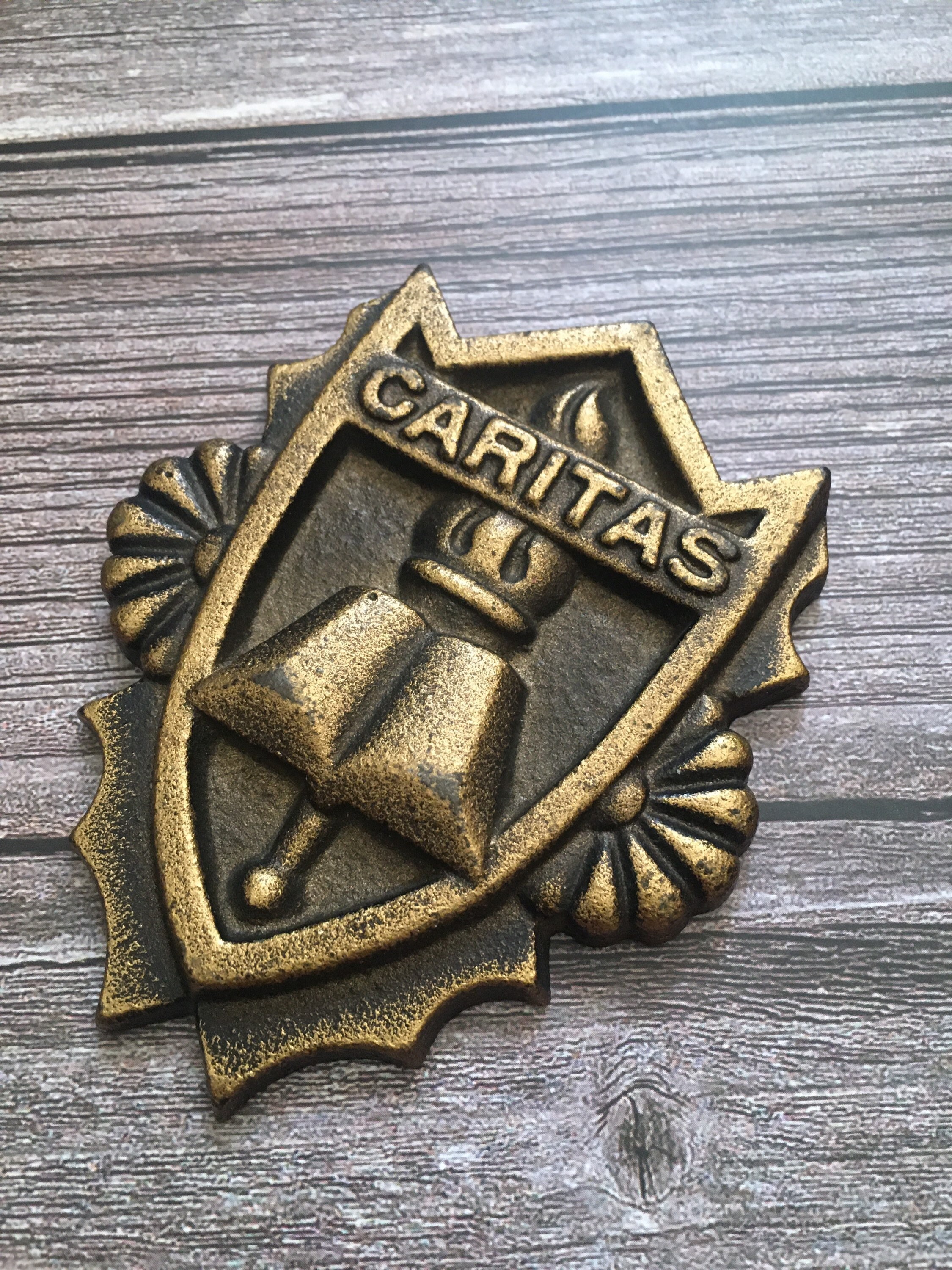 Vintage Brass Paperweight Shield Caritas - Etsy