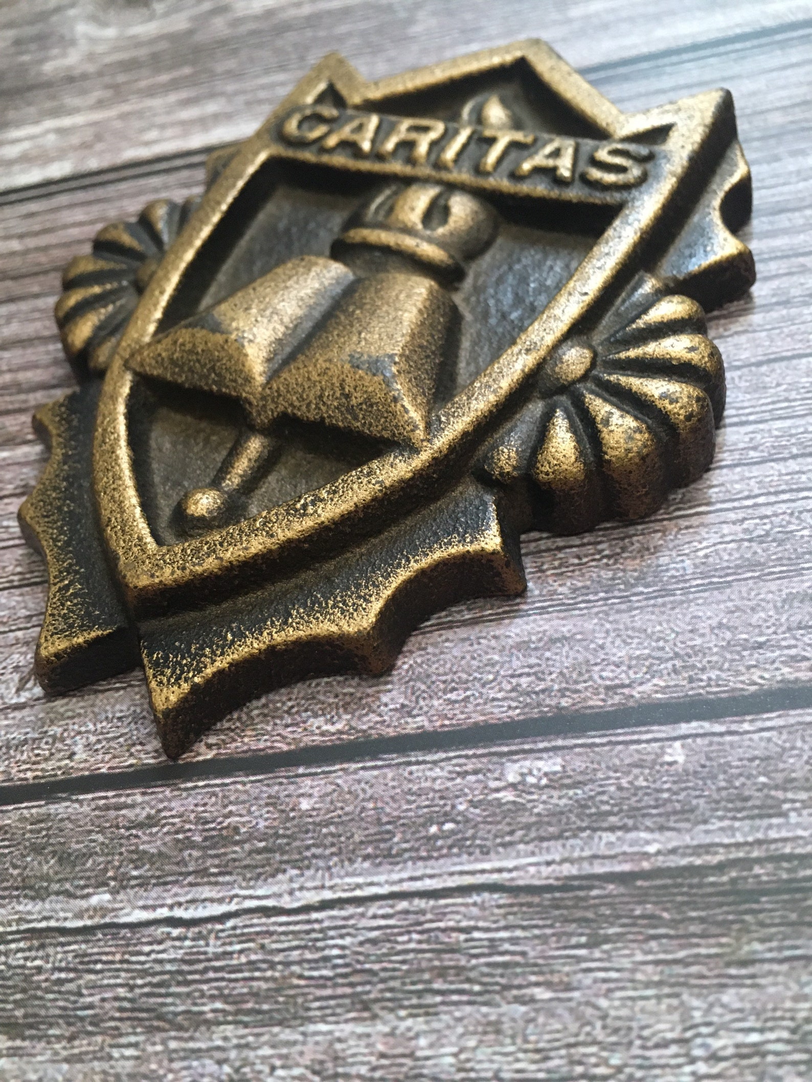 Vintage Brass Paperweight Shield Caritas - Etsy