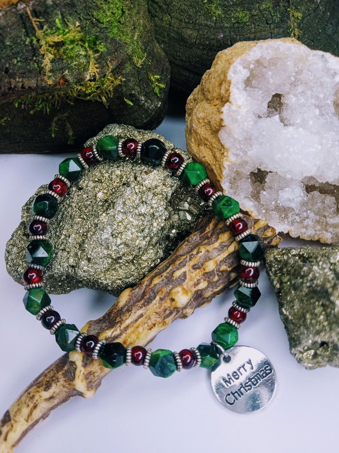 Crystal Christmas Bracelet, Yule Bracelet, Green Tigers Eye and Red ...
