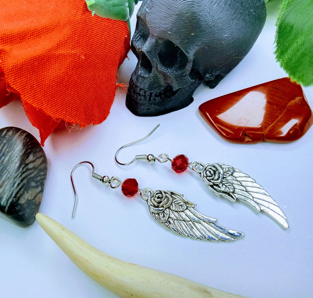 Rose Earrings, Wing Earrings, Red Rose Wing Earrings, Valentine's Day ...