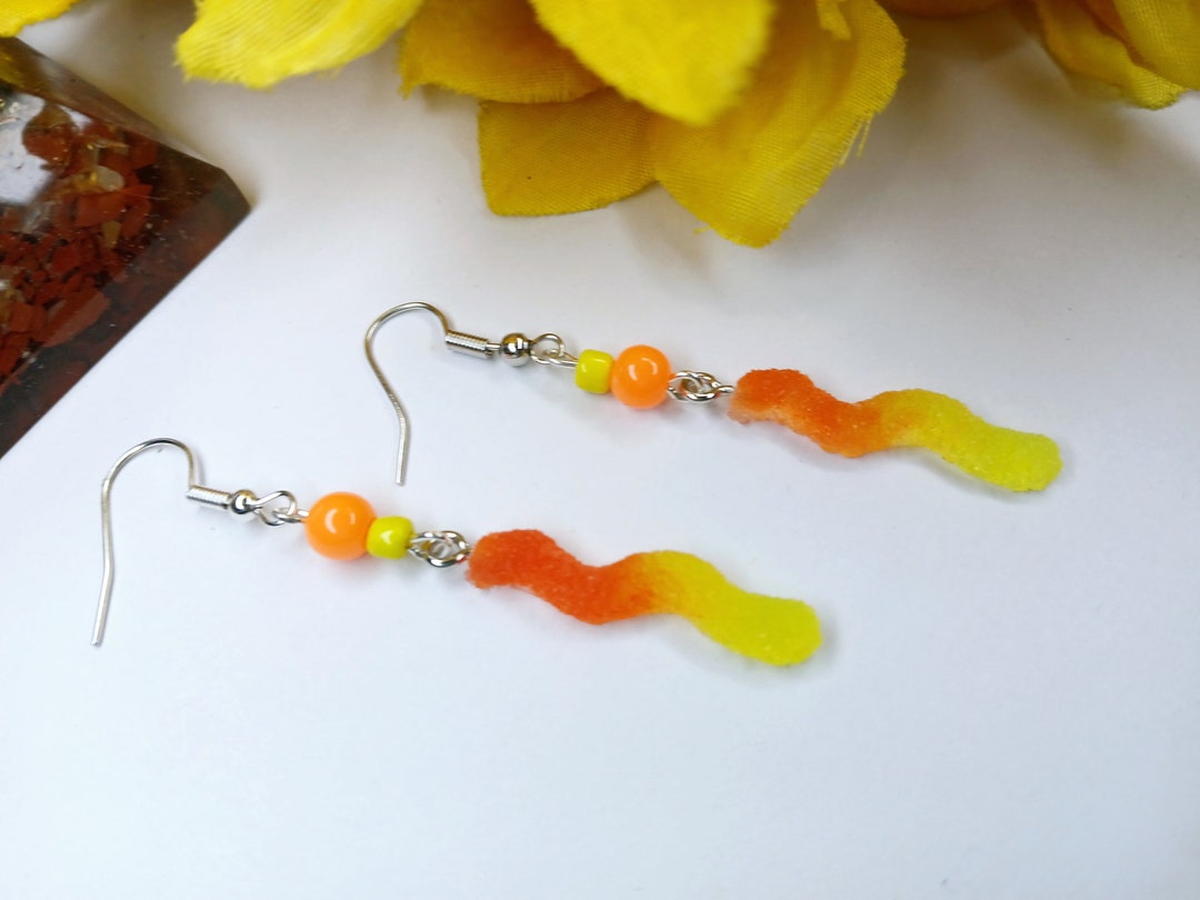 Gummy Worm Earrings, Yellow and Orange Earrings, Candy Earrings, Foodie ...