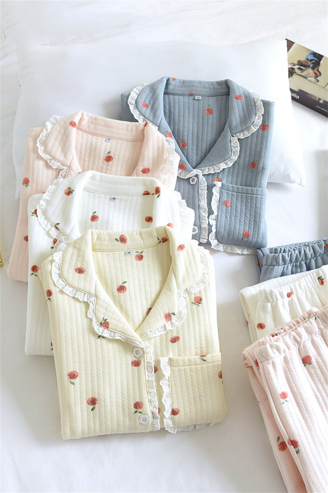 Peach Print Pajamas, Cotton Handmade Pajamas Sets for Relaxation ...