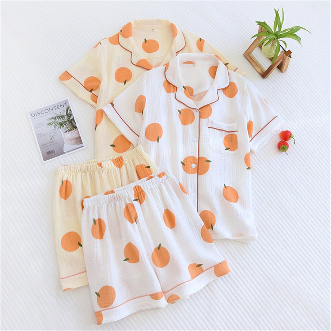 Orange Cotton Pajamas Set, Women Summer Pjs Set With Short Sleeve and ...