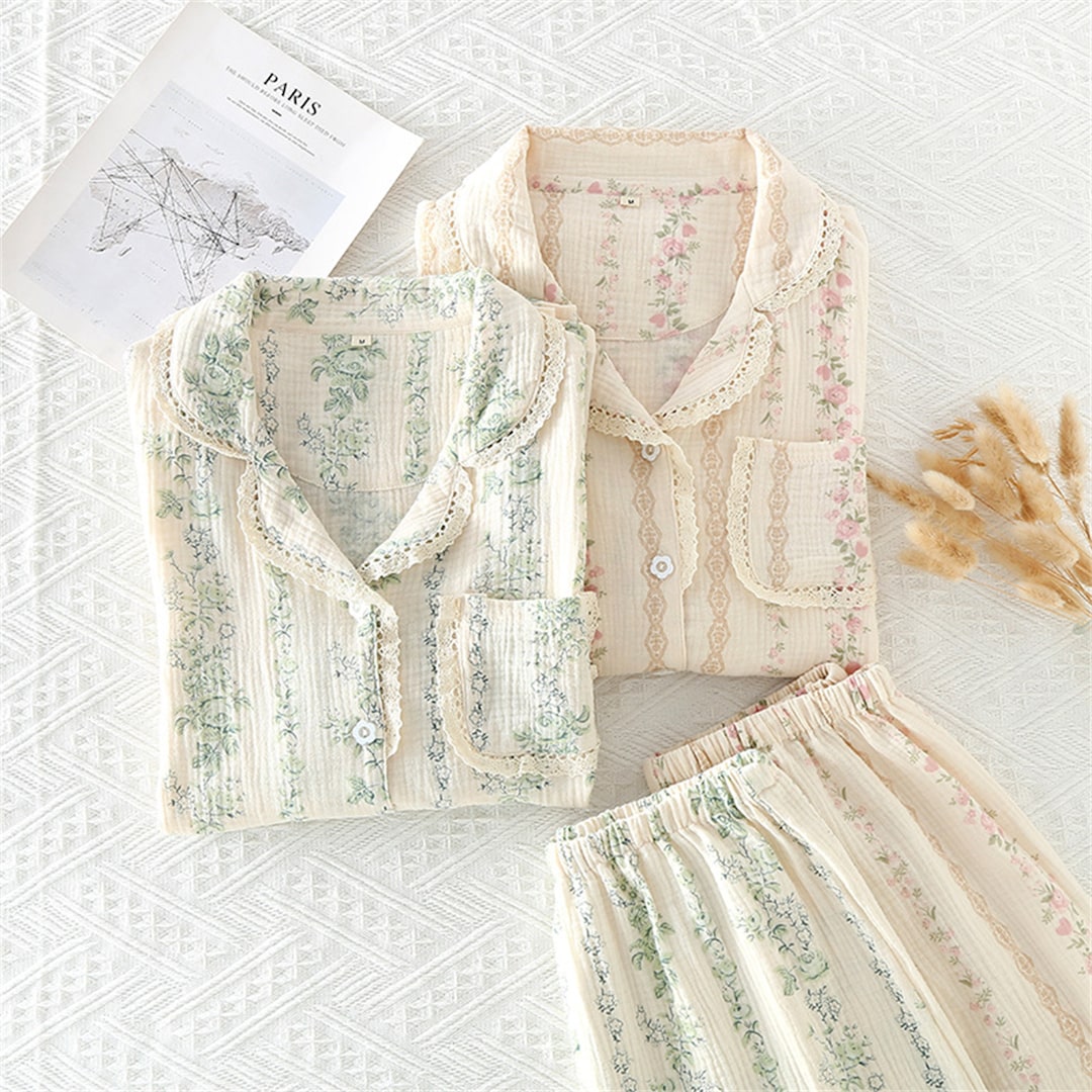 Floral Cotton Gauze Pajama Set,spring Fashion Woman Pajamas,long ...
