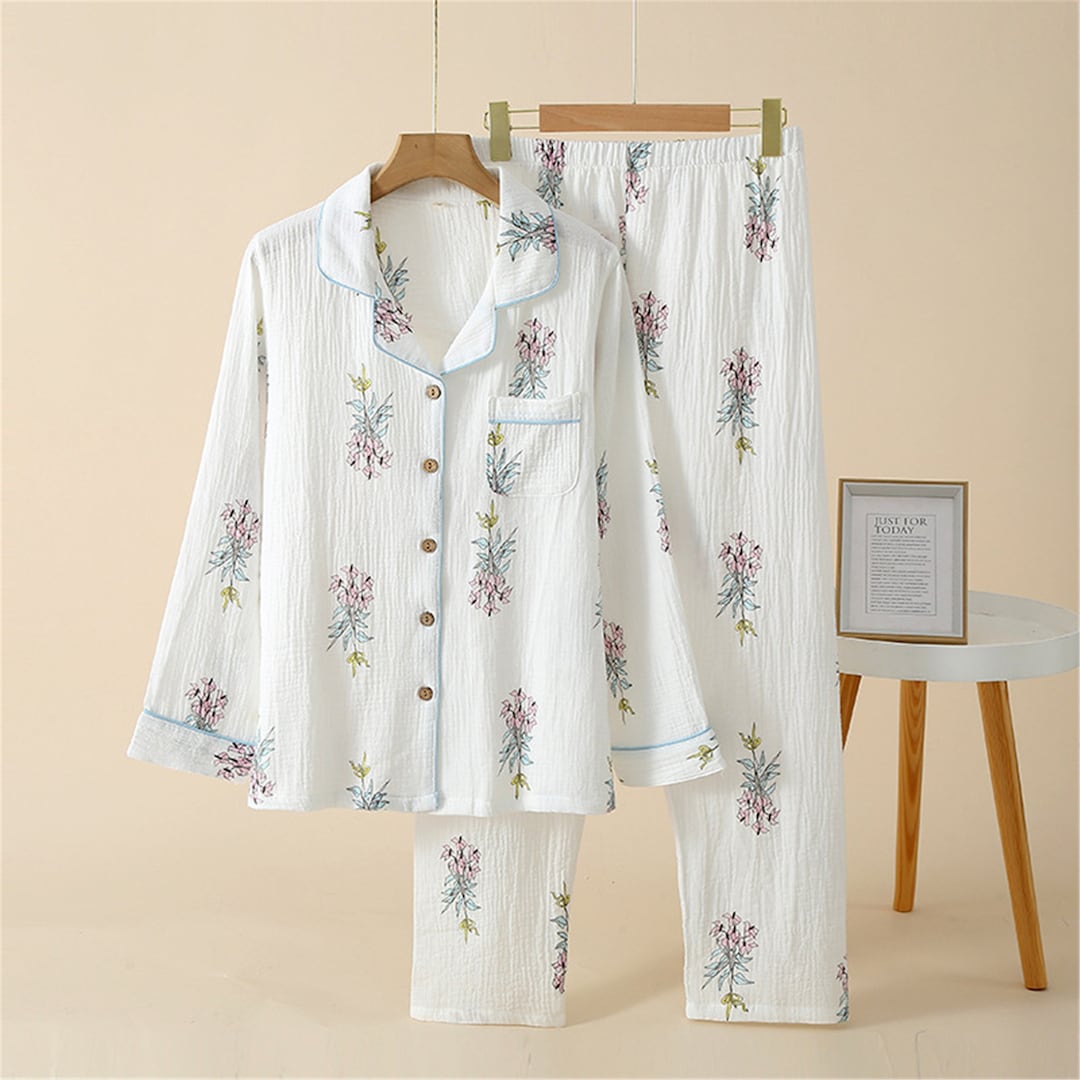 Minimalist Floral 100% Cotton Pajama Set, Ladies Cotton Pjs Set, Loose ...