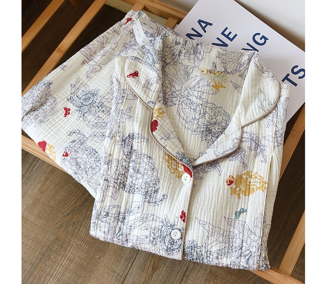 Fashion Floral Pajama Set, Cozy Ladies Cotton Pjs Set,loose Long Sleeve ...