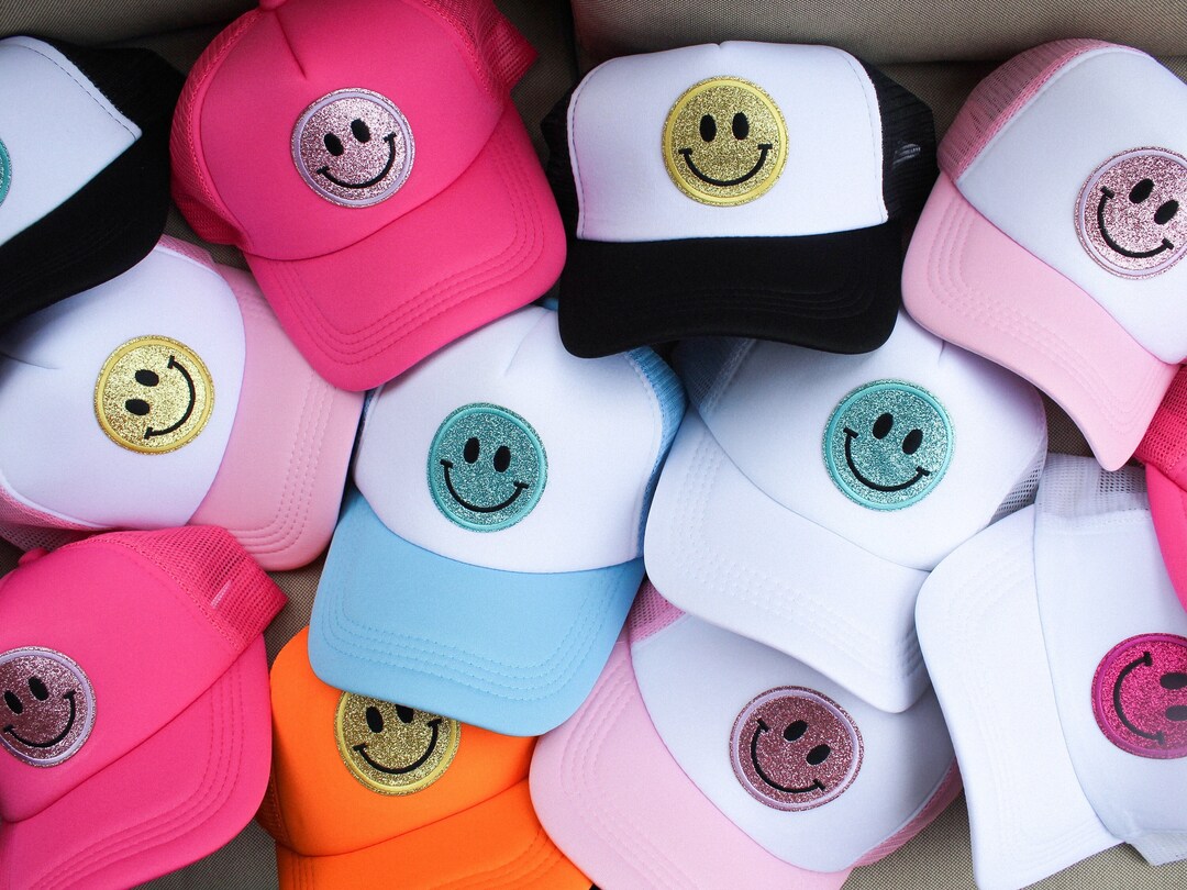 Glitter Happy Face Trucker Hat | Summer Hat | Trucker Hat | Happy Face ...