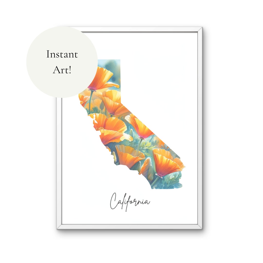 California State Watercolor Poppies Map - Digital Download - Instant ...