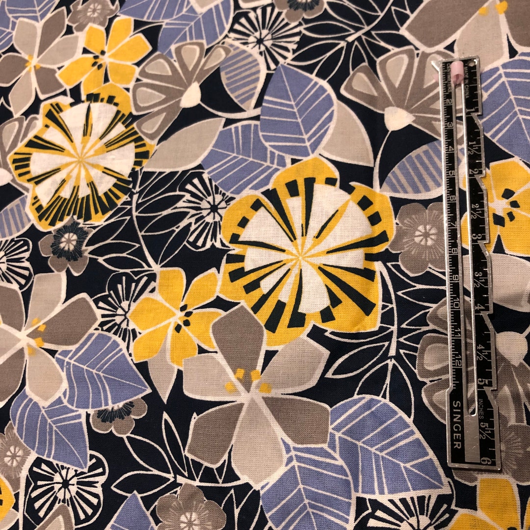 Blue and Yellow Floral Cotton Fabric - Etsy