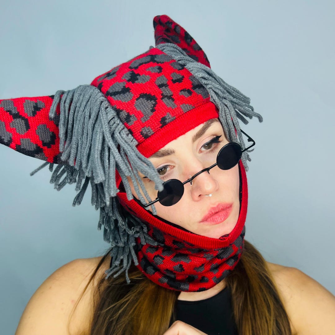 Handmade Red and Black Cat-ear Balaclava With Fringe Details | Unique ...