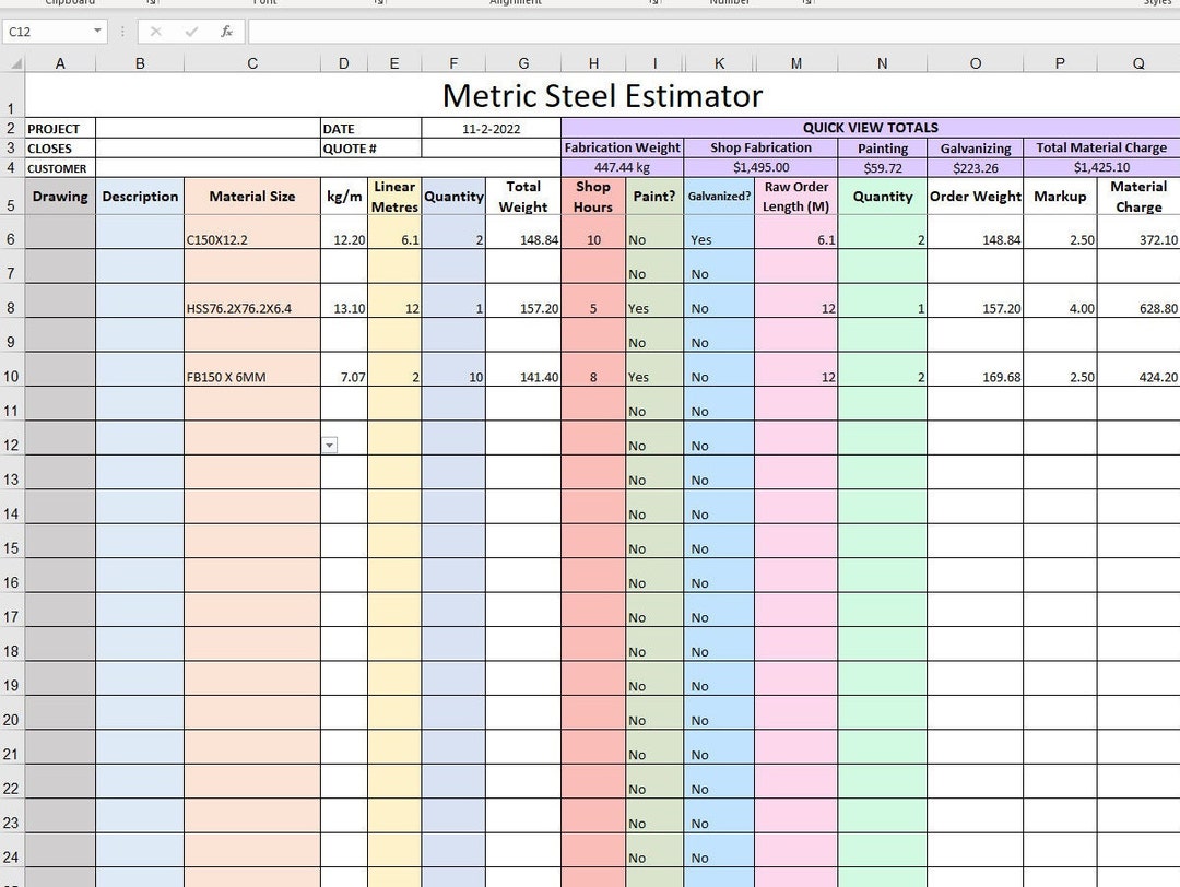 METRIC Steel Estimating Spreadsheet - Instant Download - Etsy