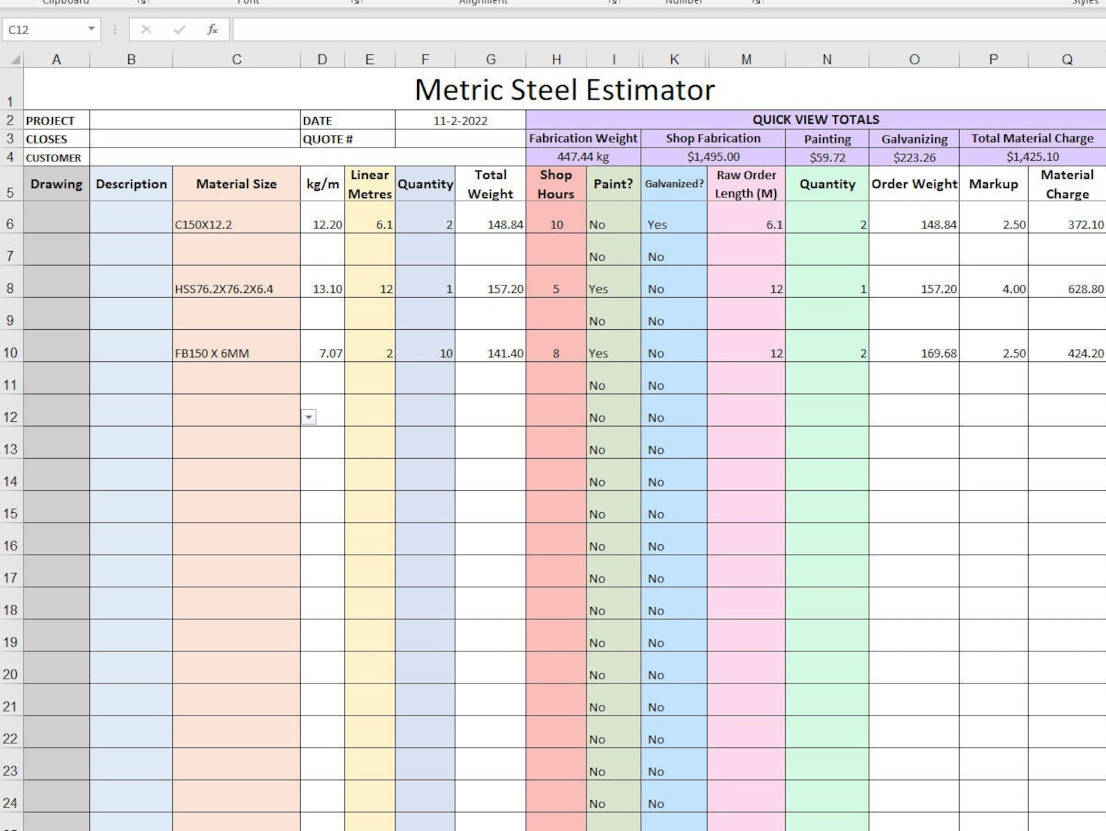 METRIC Steel Estimating Spreadsheet - Instant Download - Etsy