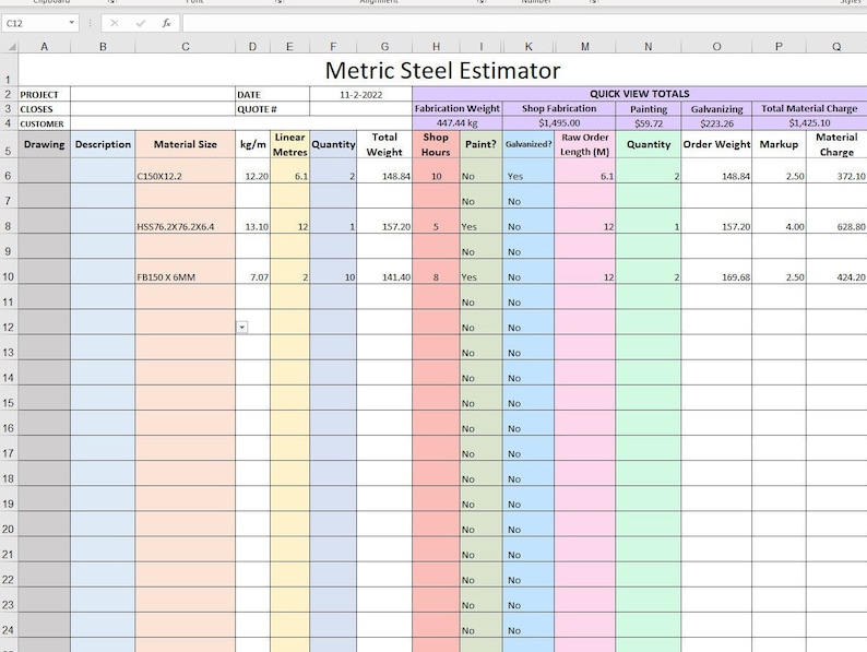 METRIC Steel Estimating Spreadsheet - Instant Download - Etsy
