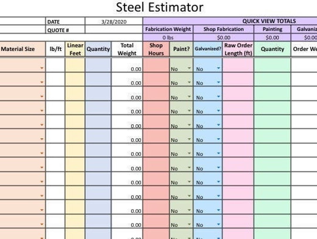 Steel Estimating Spreadsheet - Instant Download - Etsy Steel Estimating Spreadsheet - Instant Download - Etsy