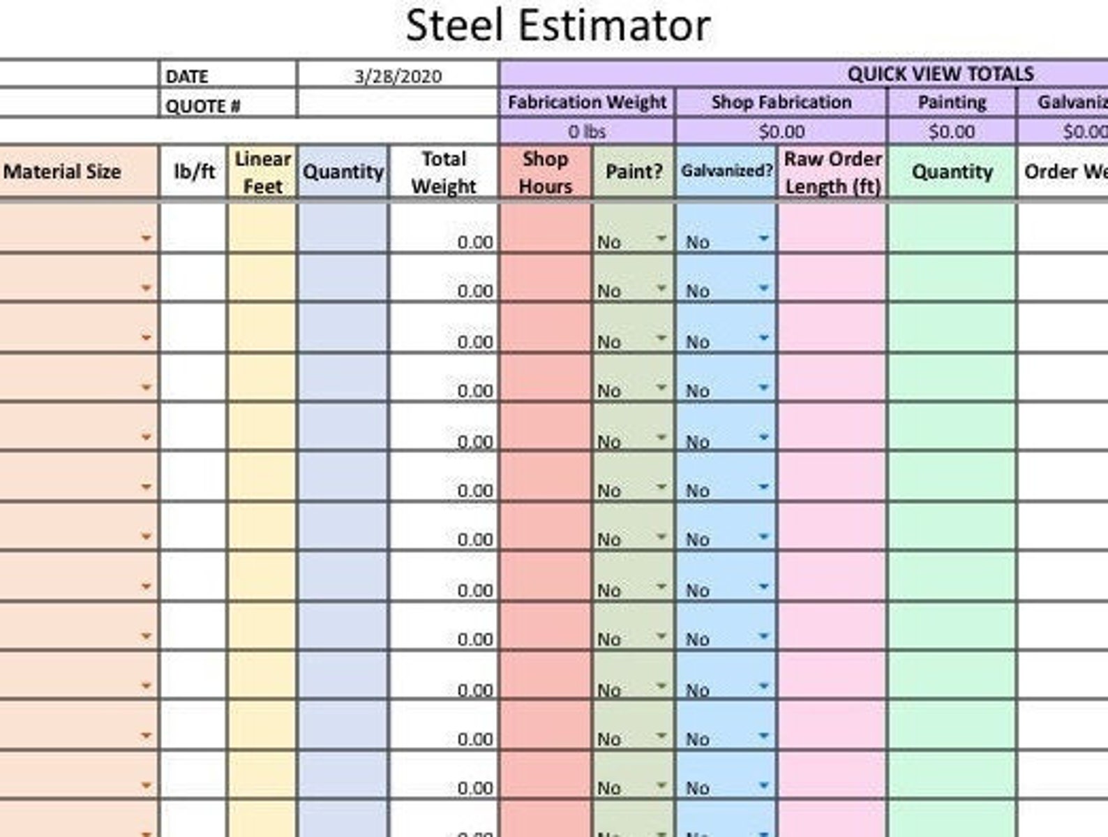 Steel Estimating Spreadsheet - Instant Download - Etsy Steel Estimating Spreadsheet - Instant Download - Etsy