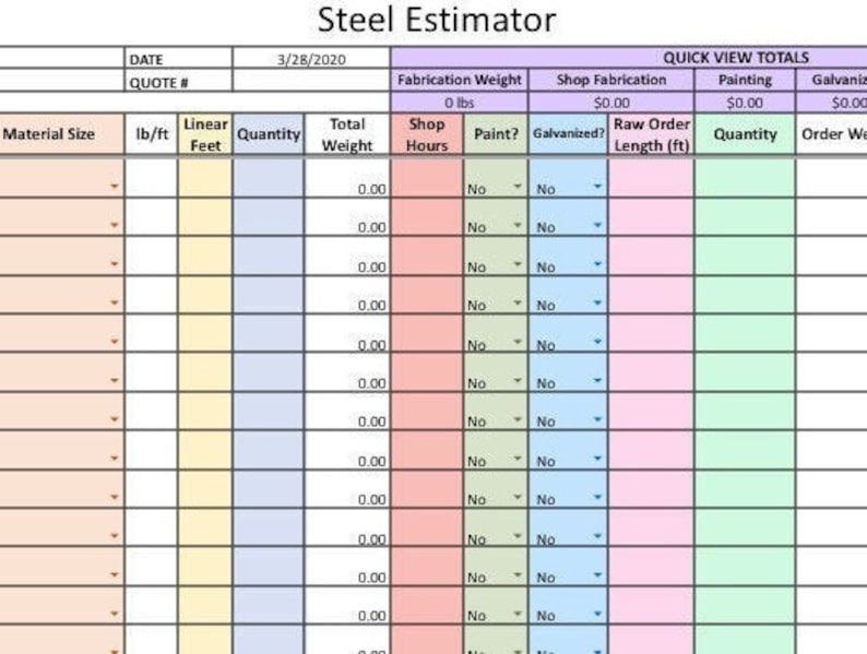 Steel Estimating Spreadsheet - Instant Download - Etsy