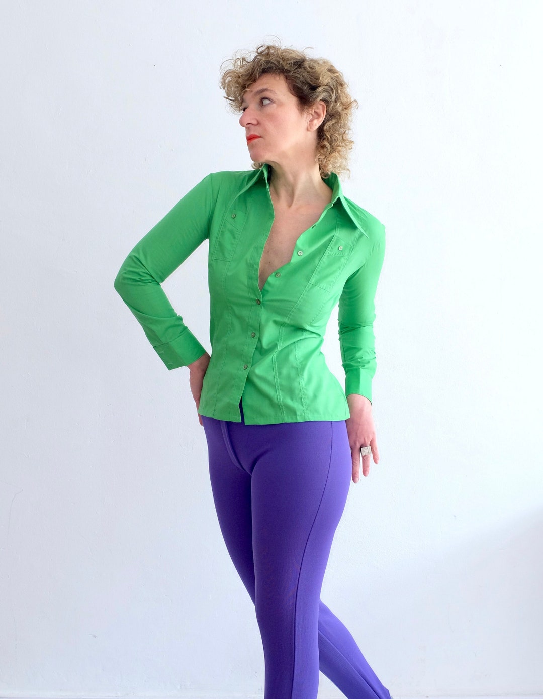 70s Shirt Blouse Grass Green With Disco Collar Boho-hippie - Etsy