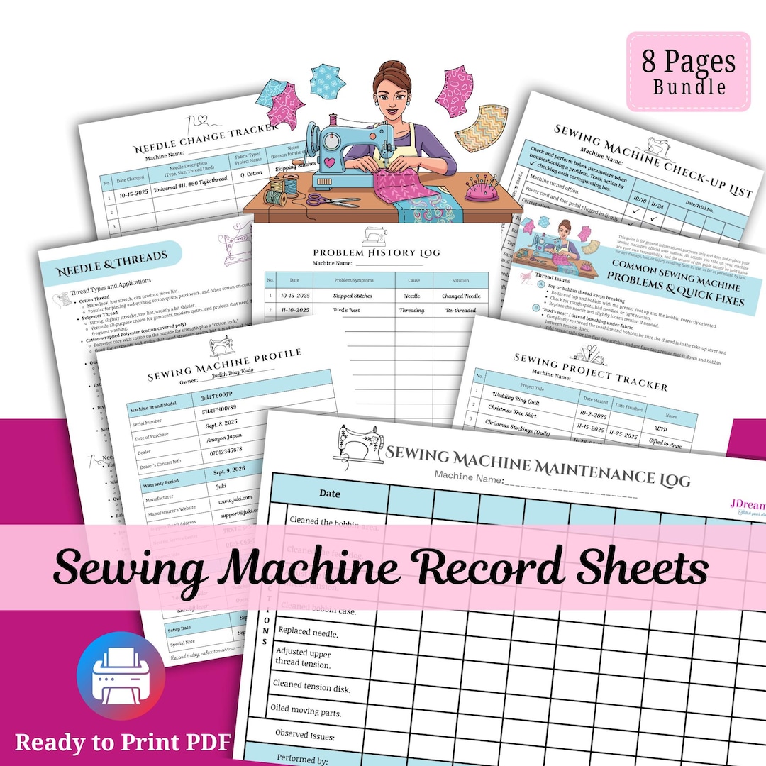 Printable Sewing Machine Maintenance Log, Project Tracker, Check-up ...