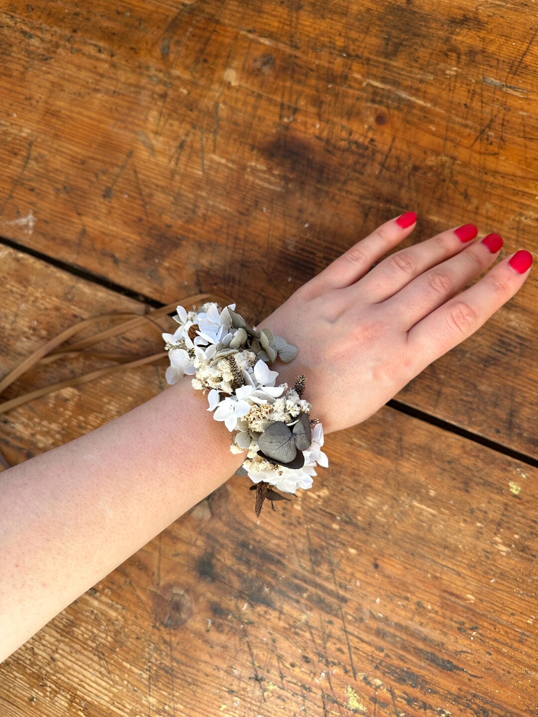 Wedding Wrist Corsage With Eucalyptus, White Light Brown Wedding ...