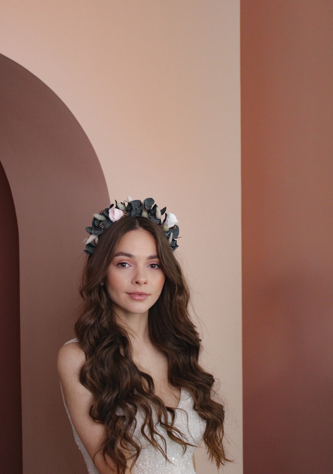 Bridal Flower Crown, Greenery Floral Headband, Dark Sage Green Floral ...
