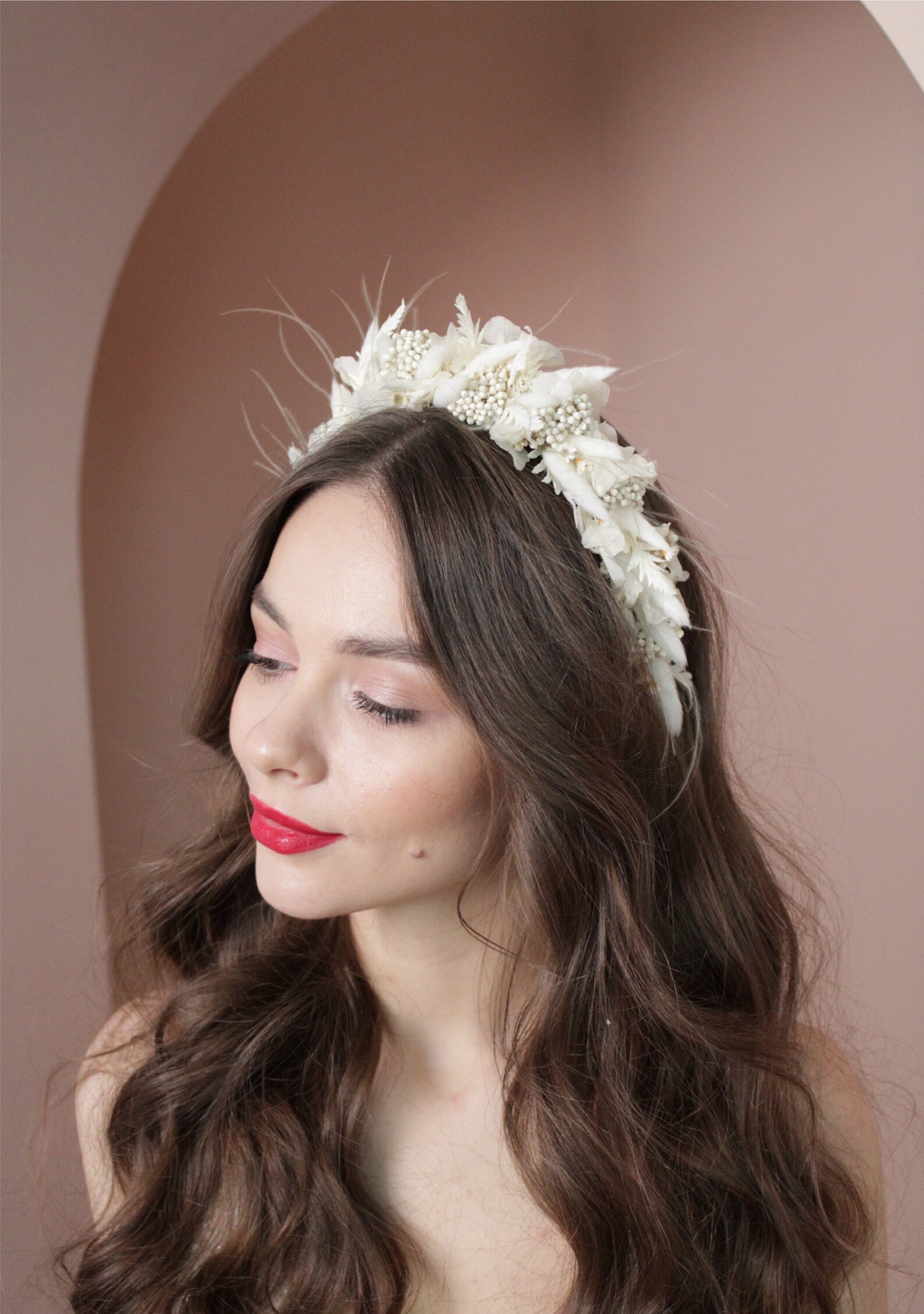 White Flower Headband, Boho Wedding Hairpiece, Dried Flower Crown ...