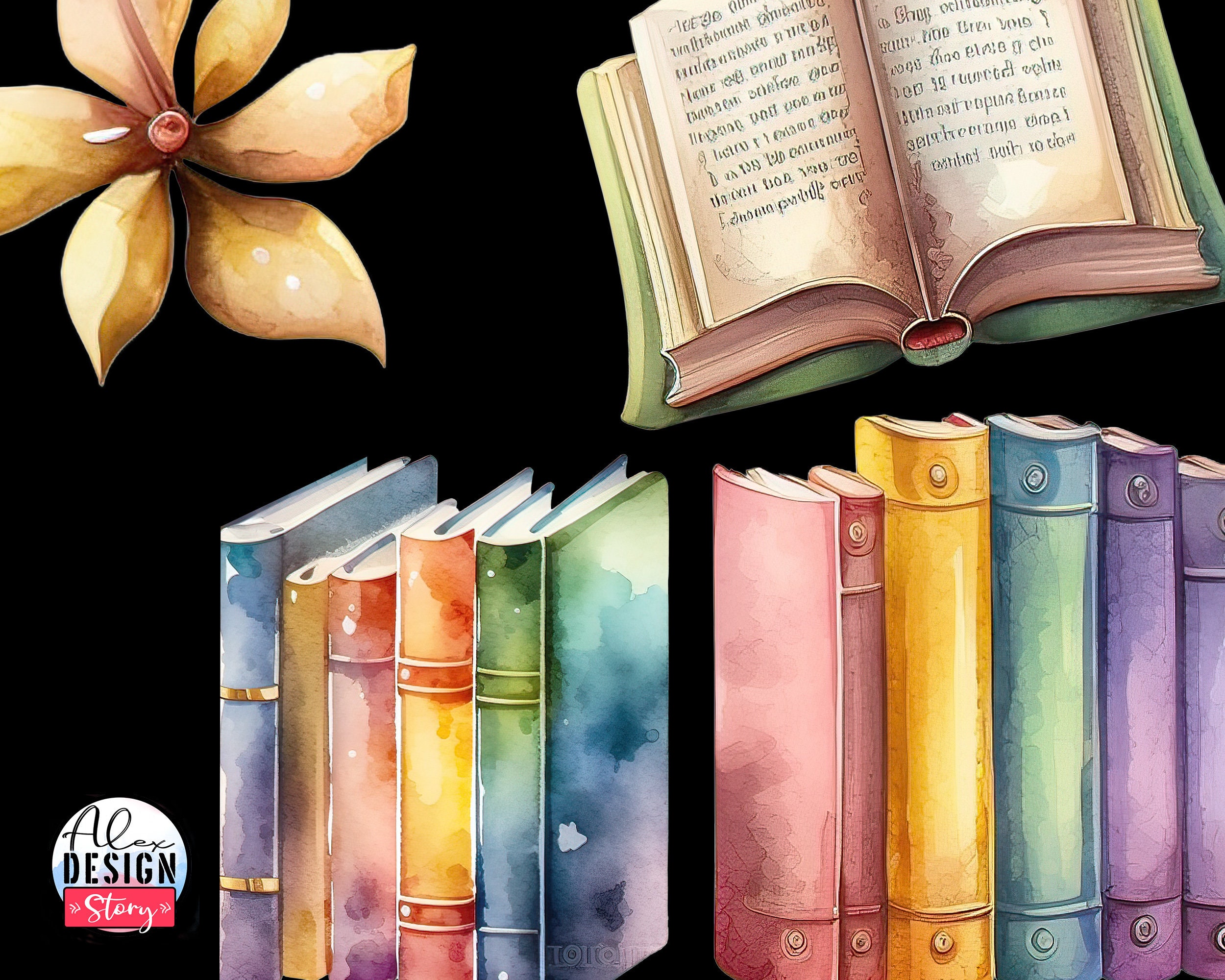 Watercolor Book Clipart Old Books Bundle Library Clipart, Retro ...