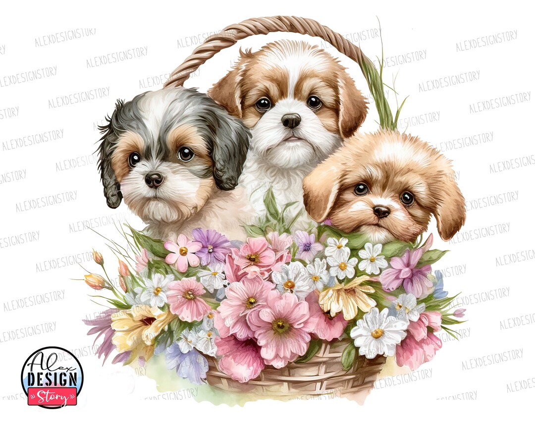 Watercolor Cute Puppies Clipart PNG - Cute Dog With Flowers, Puppy ...