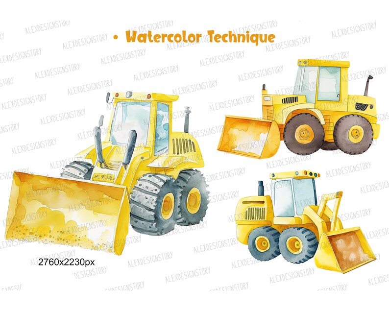 Watercolor Construction Vehicles Dump Truck Crane Clipart Digger ...