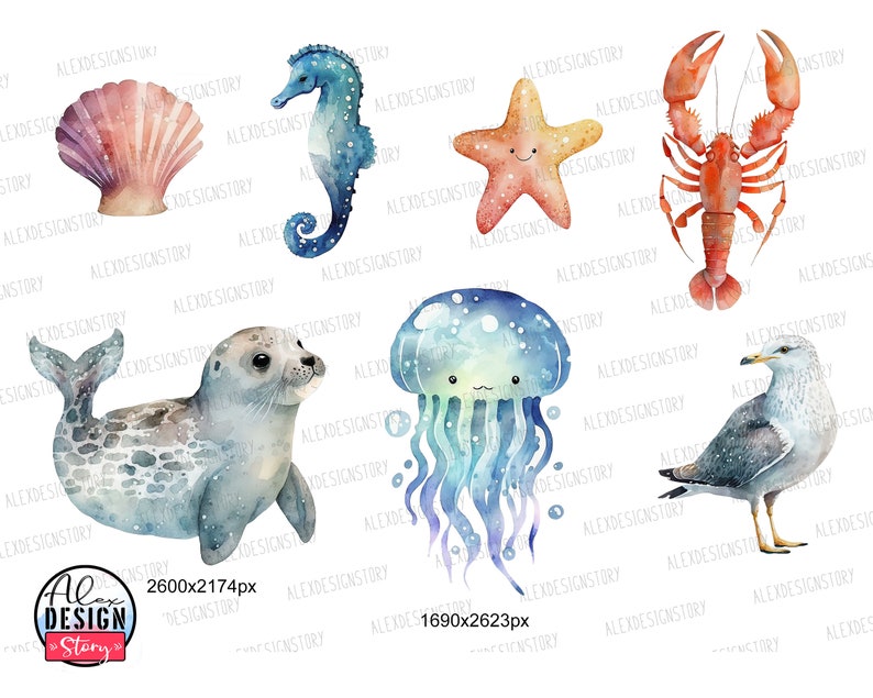 Watercolor Sea Animals Nursery Marine Life Clipart PNG Sealife Clipart ...