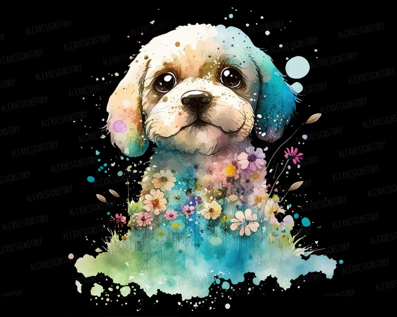 Watercolor Puppy Clipart Cute Dog With Flowers, Puppy Flowers, Dog ...