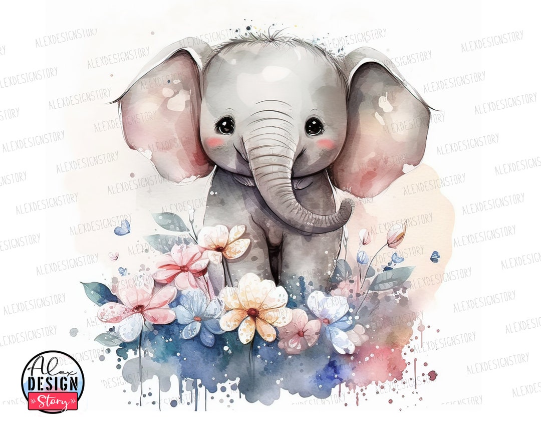 Watercolor Floral Elephant Clipart - Cute Elephant Art, Baby Elephant ...