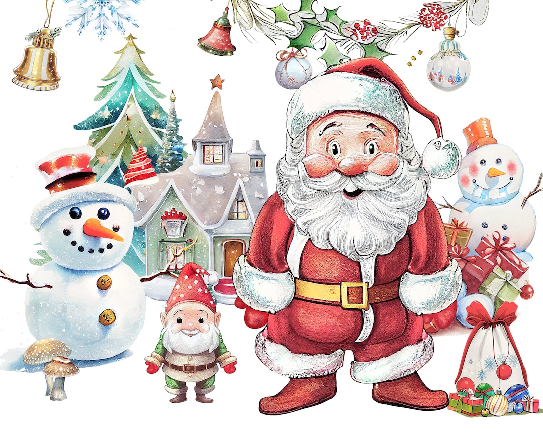 Christmas Watercolor Clipart - Cute Santa Claus, Winter Holidays ...