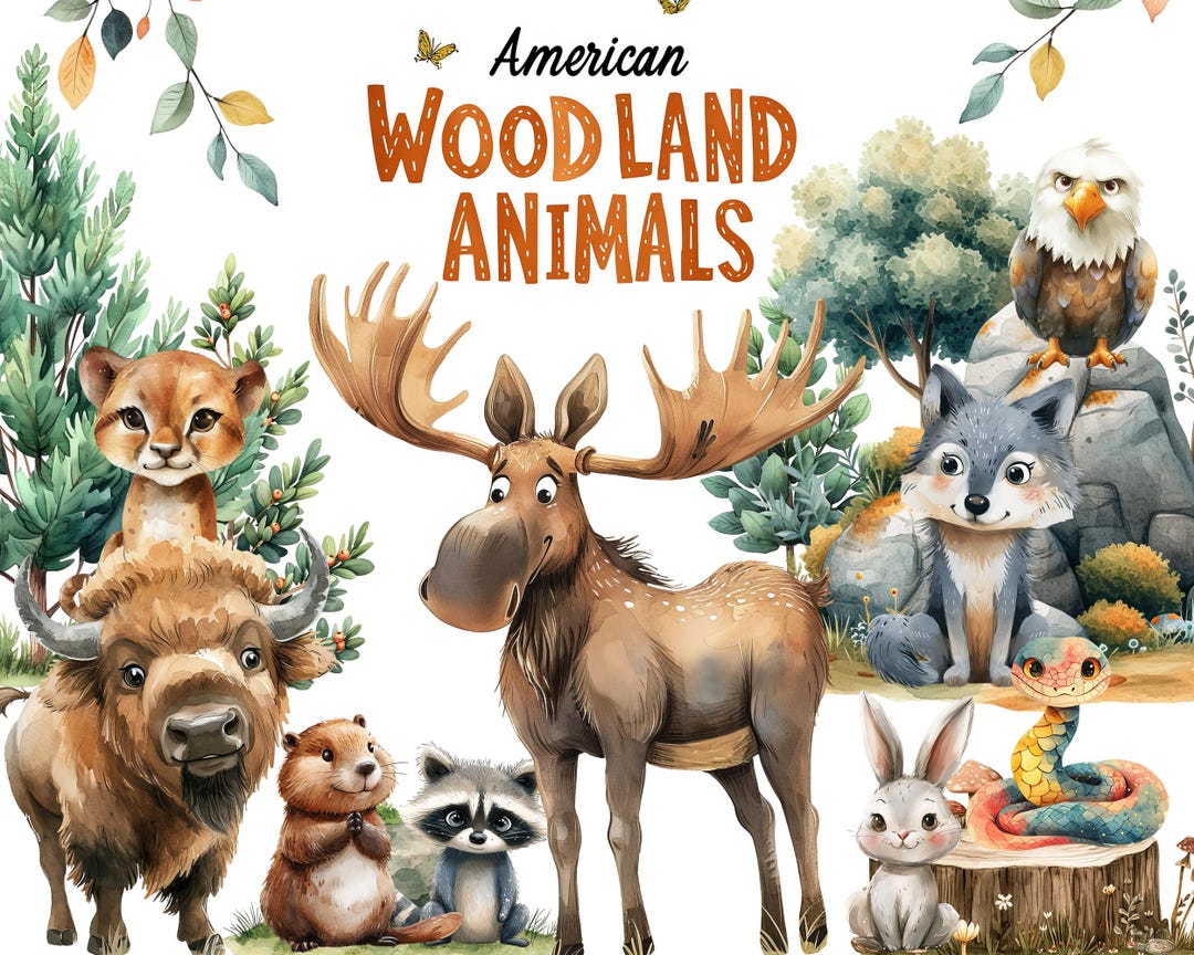 Watercolor Woodland Animals Clipart - American Eagle, Moose, Bison ...