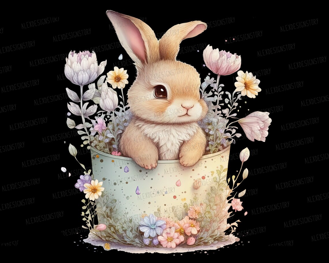 Cute Watercolor Bunny Clipart - Bunny in A Cup, Little Rabbit, Spring ...