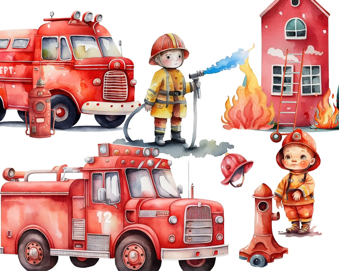 Fireman Clipart - Watercolor Firefighter Clipart, Firetruck Birthday ...