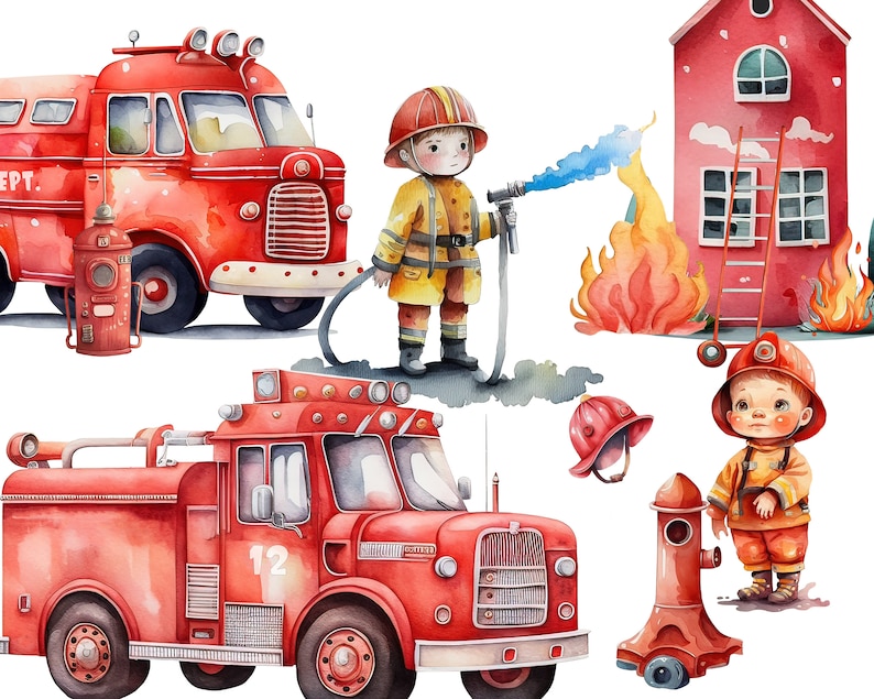 Fireman Clipart - Watercolor Firefighter Clipart, Firetruck Birthday ...