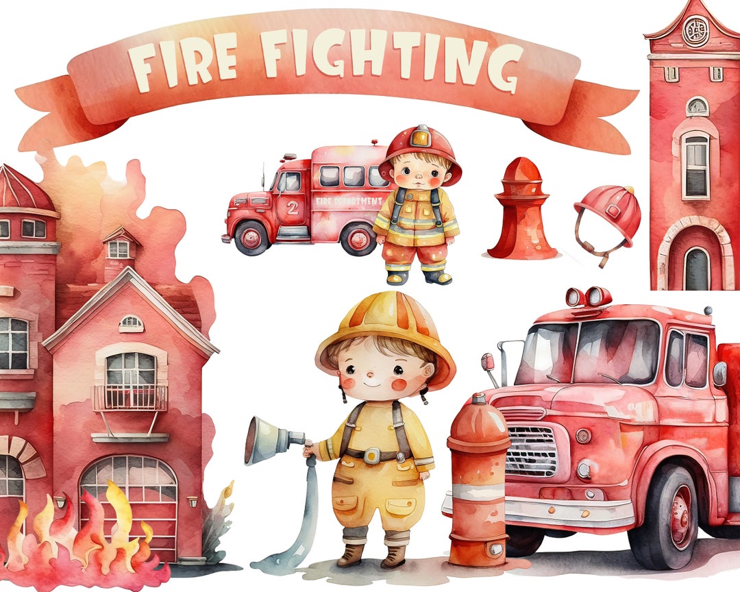 Firefighter Watercolor Clipart - Fireman Clipart, Firetruck Birthday ...