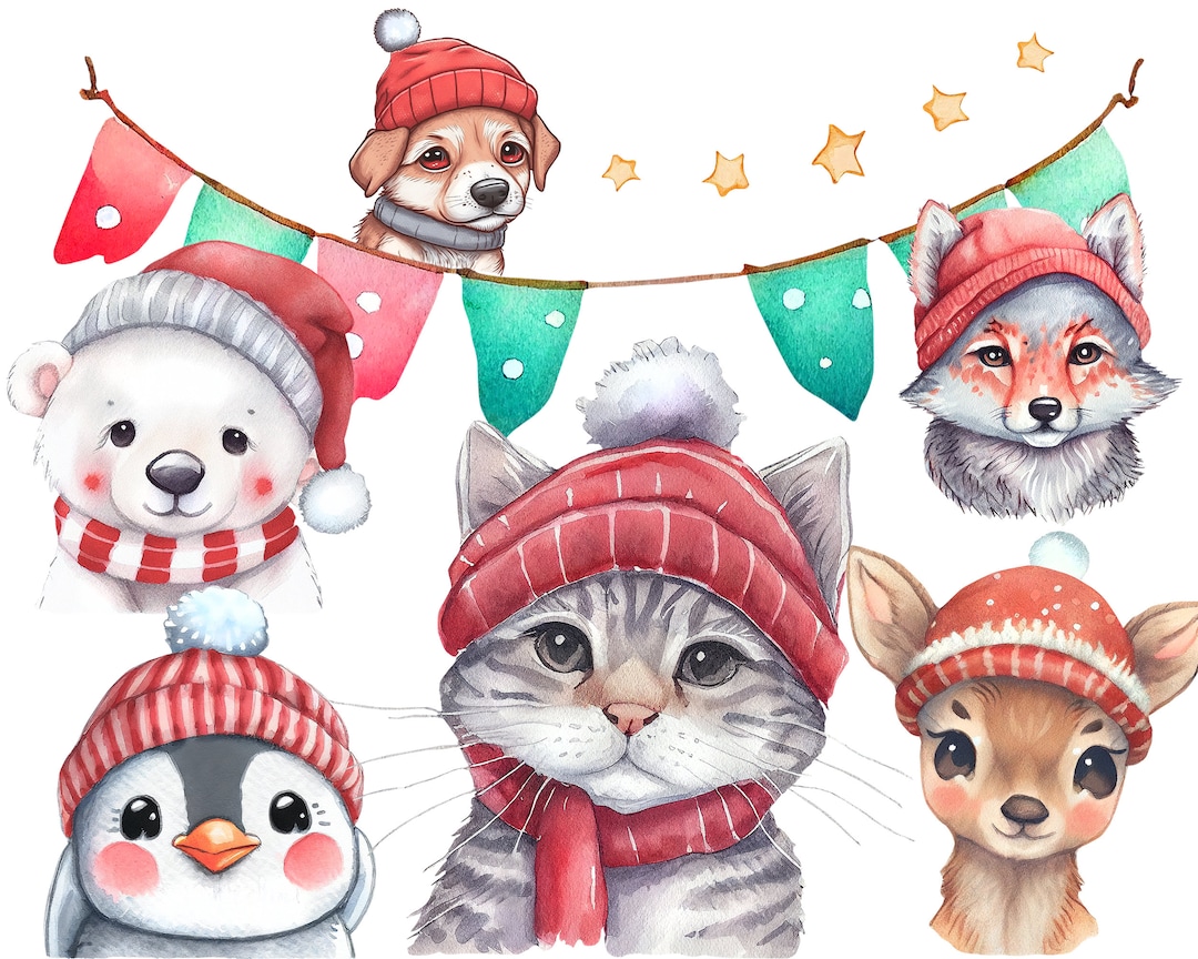 Cute Christmas Animals PNG - Watercolor Christmas Clipart, Christmas ...