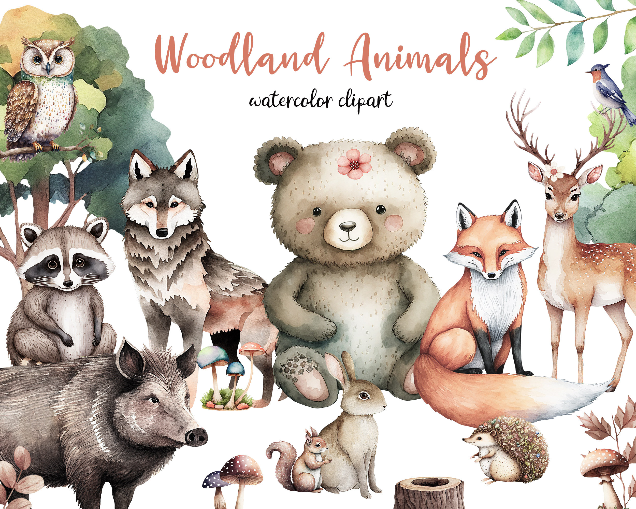 Watercolor Woodland Animals Clipart Cute Forest Animals, Bear, Deer ...