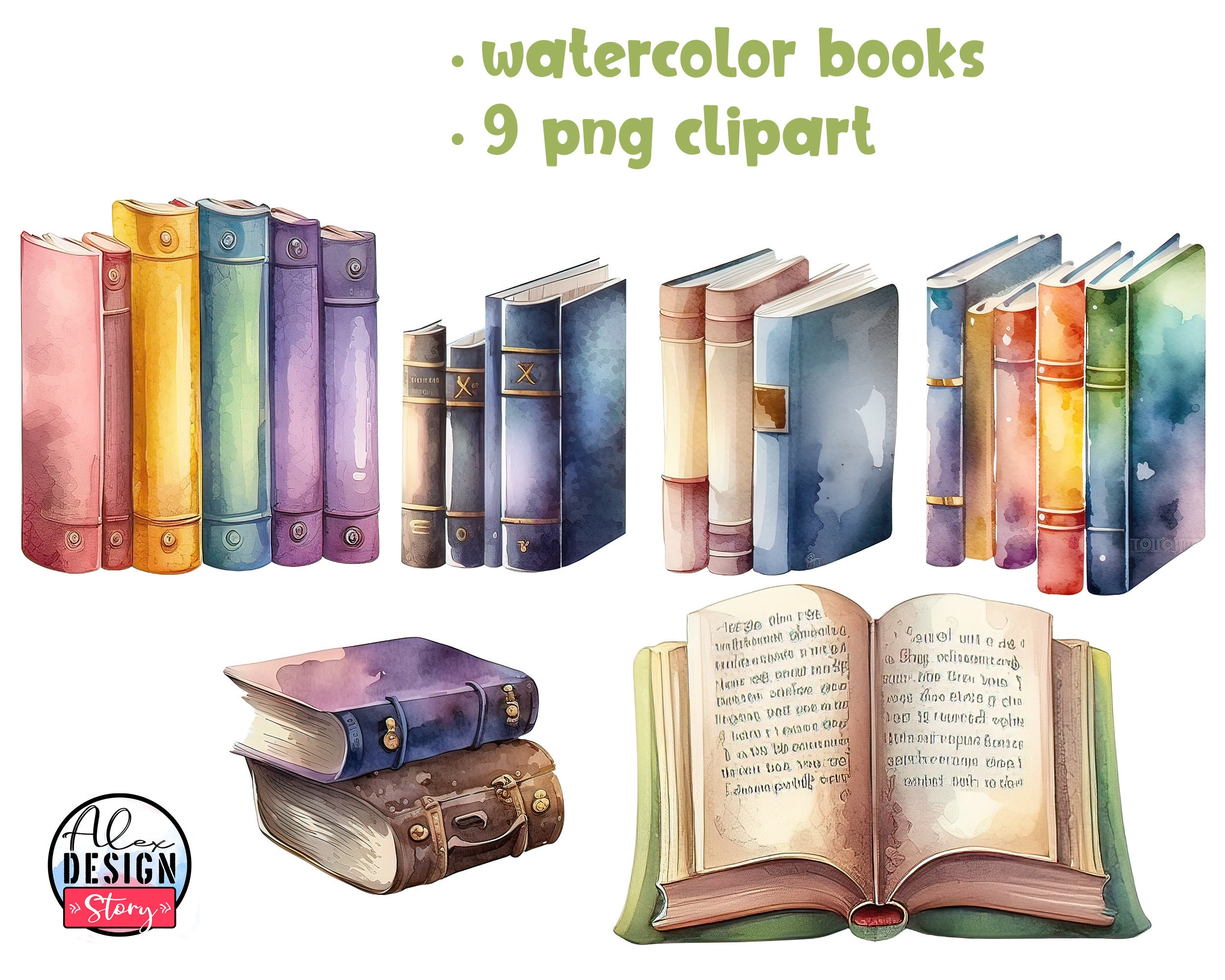 Watercolor Book Clipart - Old Books Bundle Library Clipart, Retro ...
