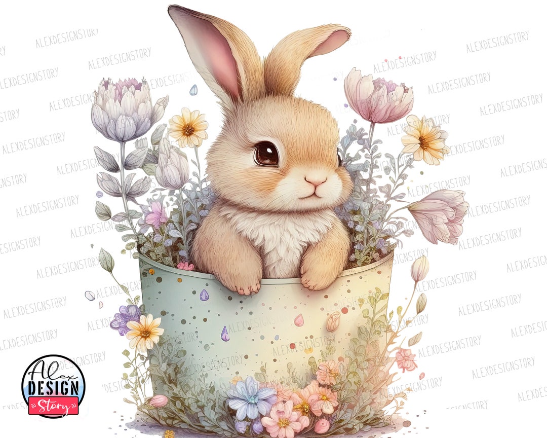 Cute Watercolor Bunny Clipart - Bunny in A Cup, Little Rabbit, Spring ...